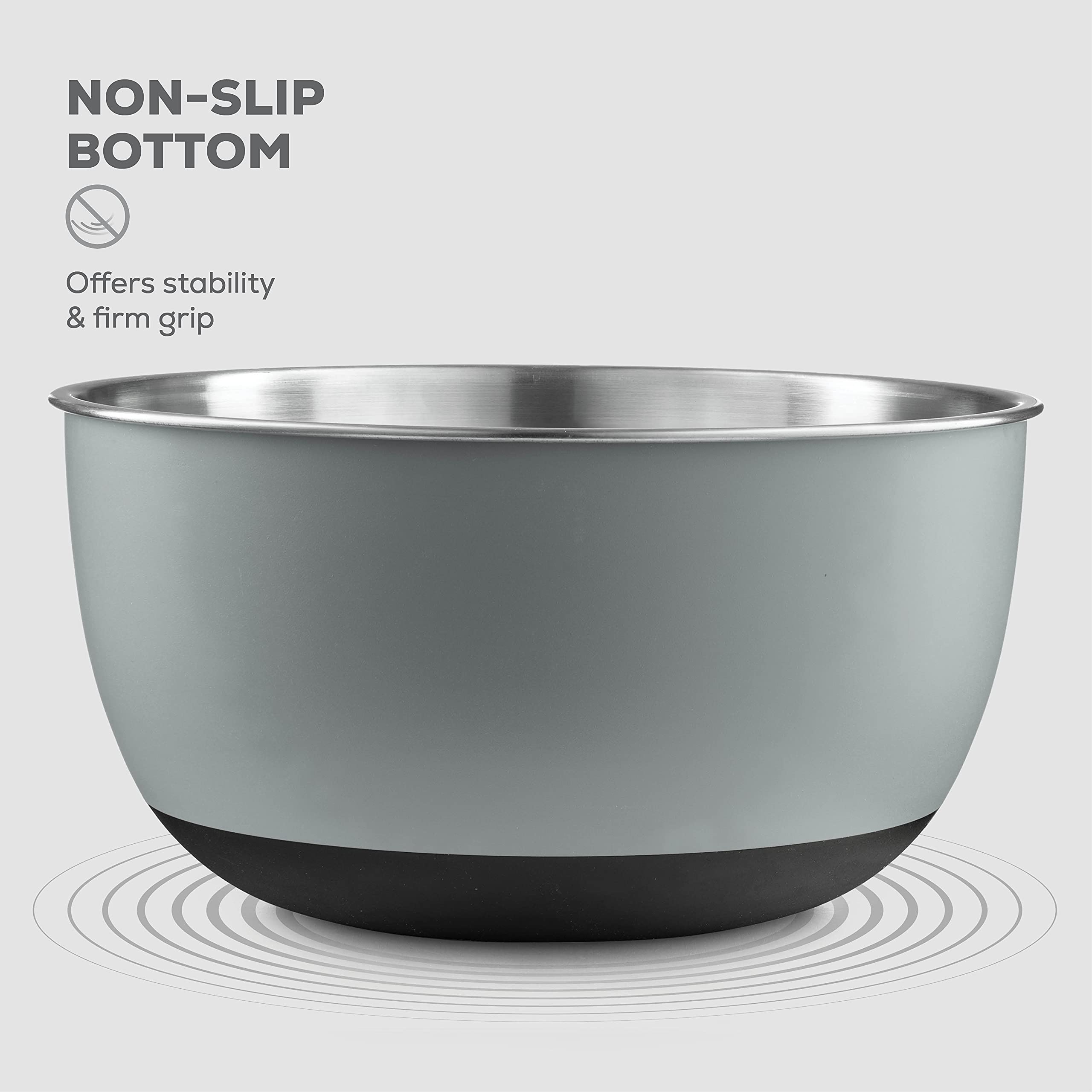 FineDine Stainless Steel Mixing Bowls with Lids Set, Stackable Nesting Dishware Bowls for Kitchen Space Storage Saving, Non-Slip Bottoms for Stability, 5 Quarts Salad Bowls