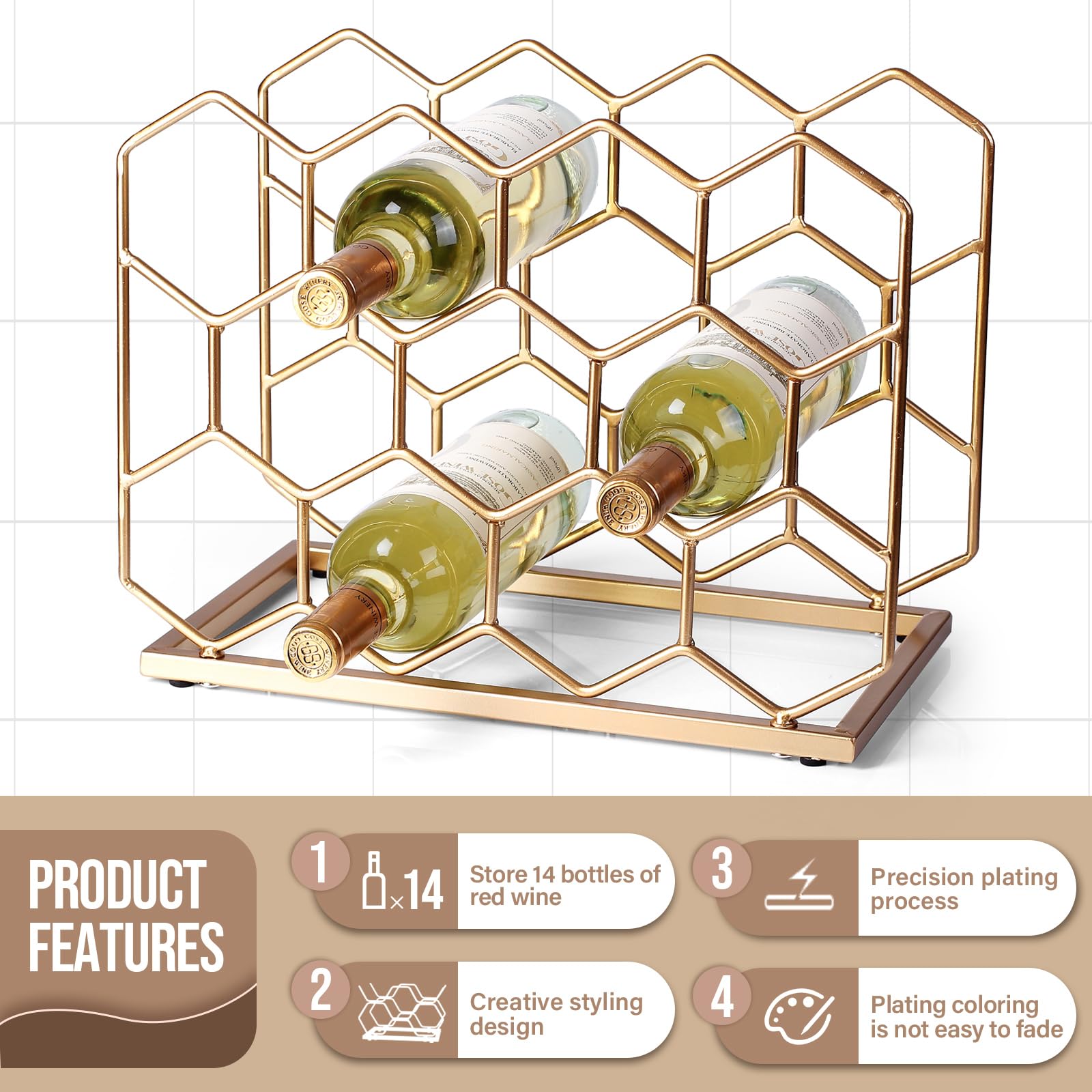 Drincarier 14 Bottle Countertop Wine Rack - Freestanding Modern Gold Metal Wine Rack - Tabletop Wine Holder Stand for Cabinet, Pantry, Wine Bottle Storage…