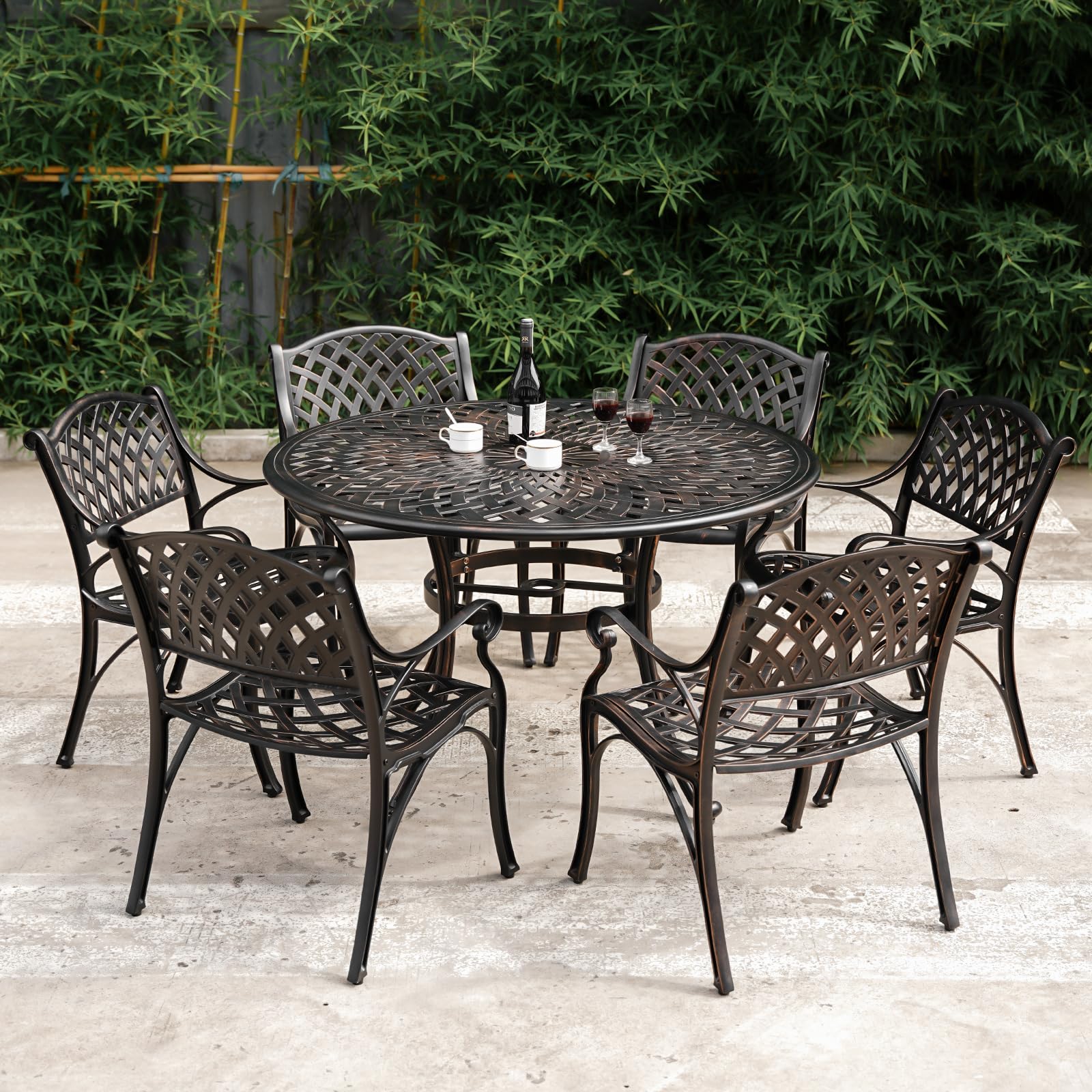 PATIO-IN Outdoor Cast Aluminum Chairs Set of 2, Patio Dining Chair with Armrest, All-Weather Patio Bistro Chair Set with Adjustable Foot Pads for Balcony, Lawn, Garden, Backyard