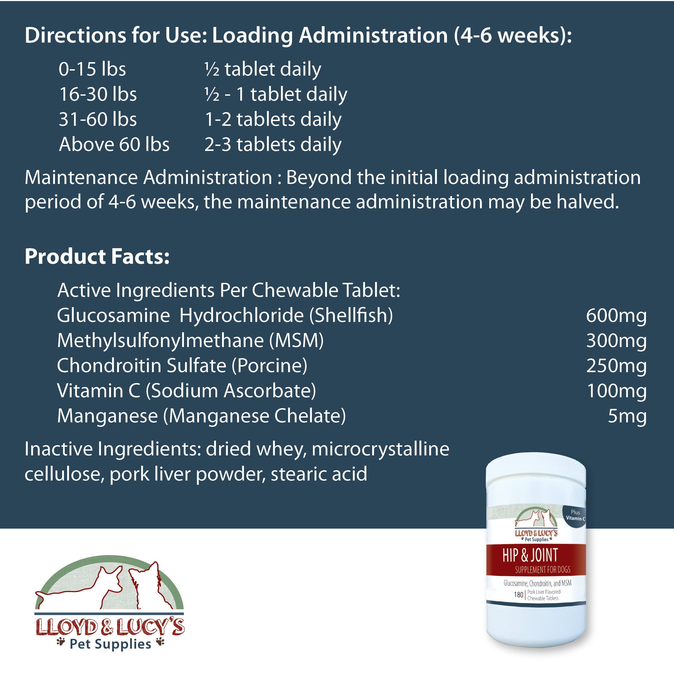 Lloyd & Lucy's Hip and Joint Supplement for Dogs - Chewable Multivitamin with Glucosamine, Chondroitin, MSM and Vitamin C - Healthy Liver Flavored Treat Pets Will Love - 180 Ct Tablets