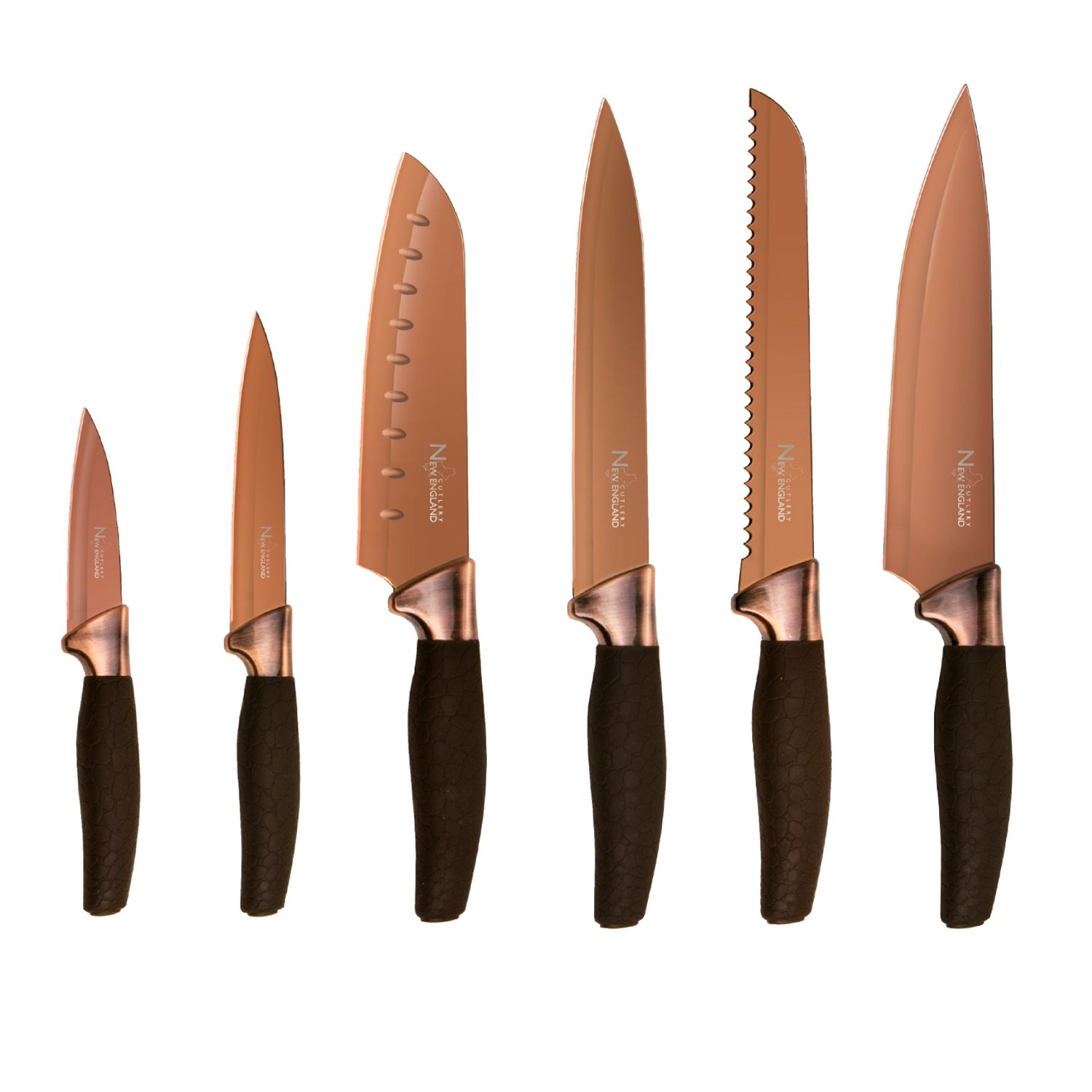 New England Cutlery NE8807 7 Piece Titanium-Coated Knife Set with Invisible Wood Block, Bronze
