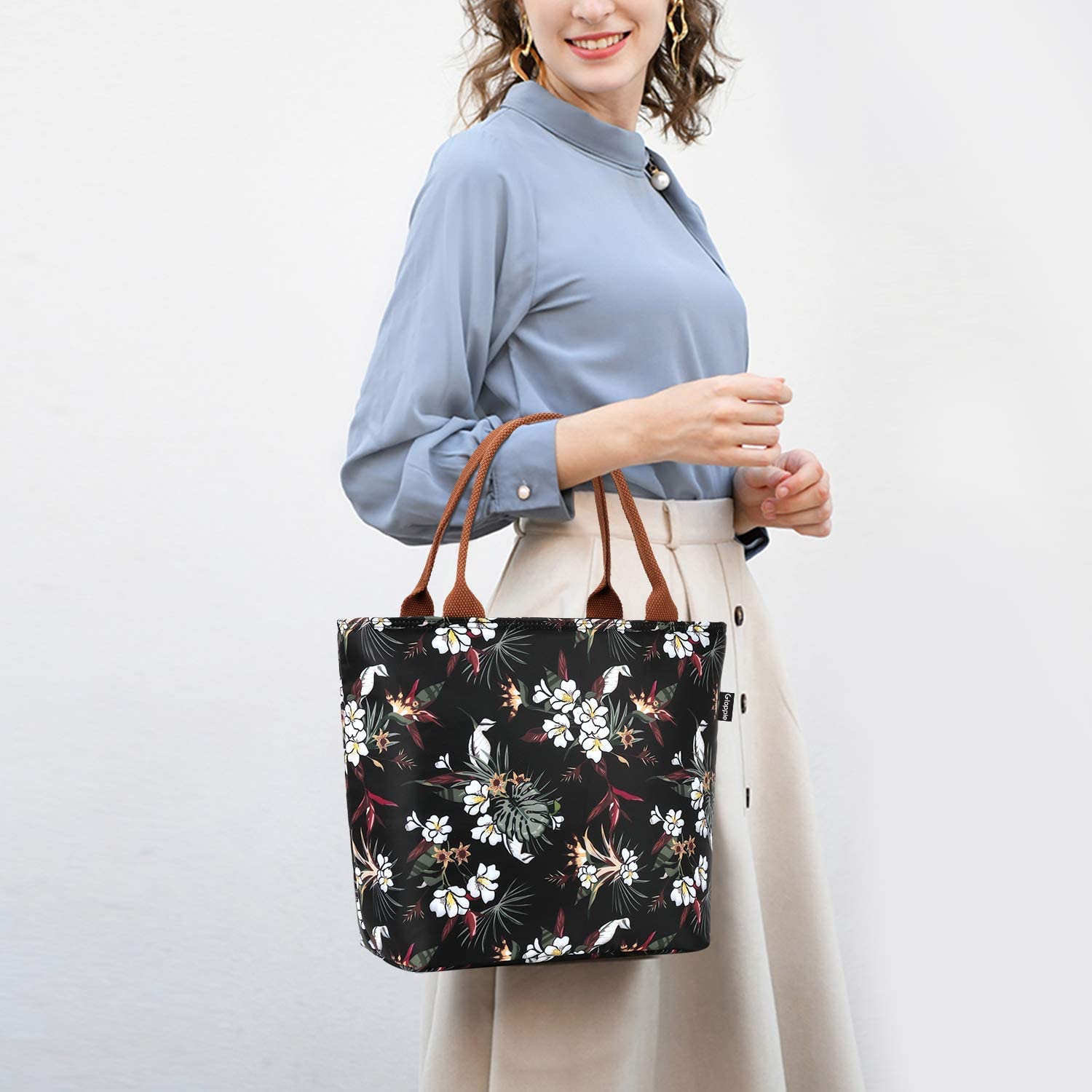 Gloppie Insulated Lunch Bags for Women Lunch Box Leak Proof Cooler Tote Purse Large Food Container Meal Prep for Work Beach Picnic 9L White Flower +Maple Leaf