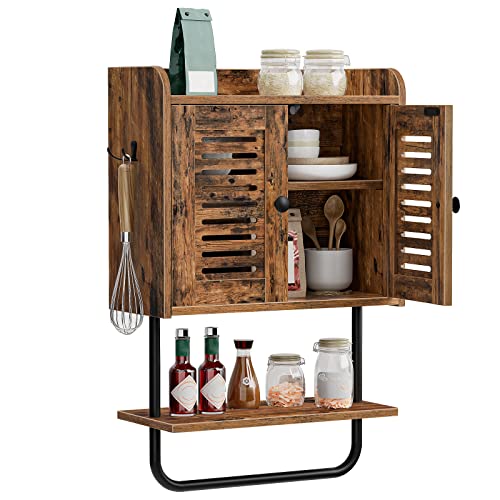 HOOBRO Medicine Cabinet, Double Doors Bathroom Wall Cabinet with Towel Bar, Adjustable Shelf, 2 Hooks, Over The Toilet Storage Cabinet, for Bedroom, Kitchen, Rustic Brown BF46CW01