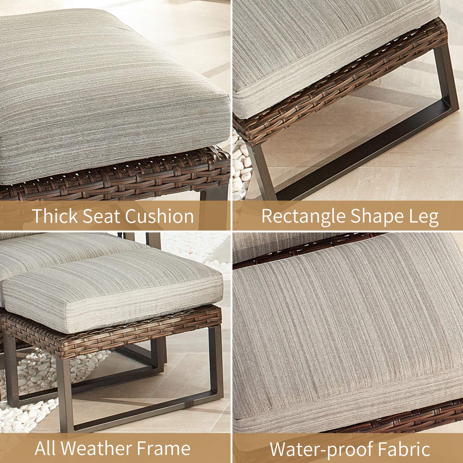 PatioFestival Patio Ottoman Outdoor Cushioned Wicker Foot Stool with All Weather Galvanized Steel (Grey, 23.6" W x 23.6" D x 13.7" H)