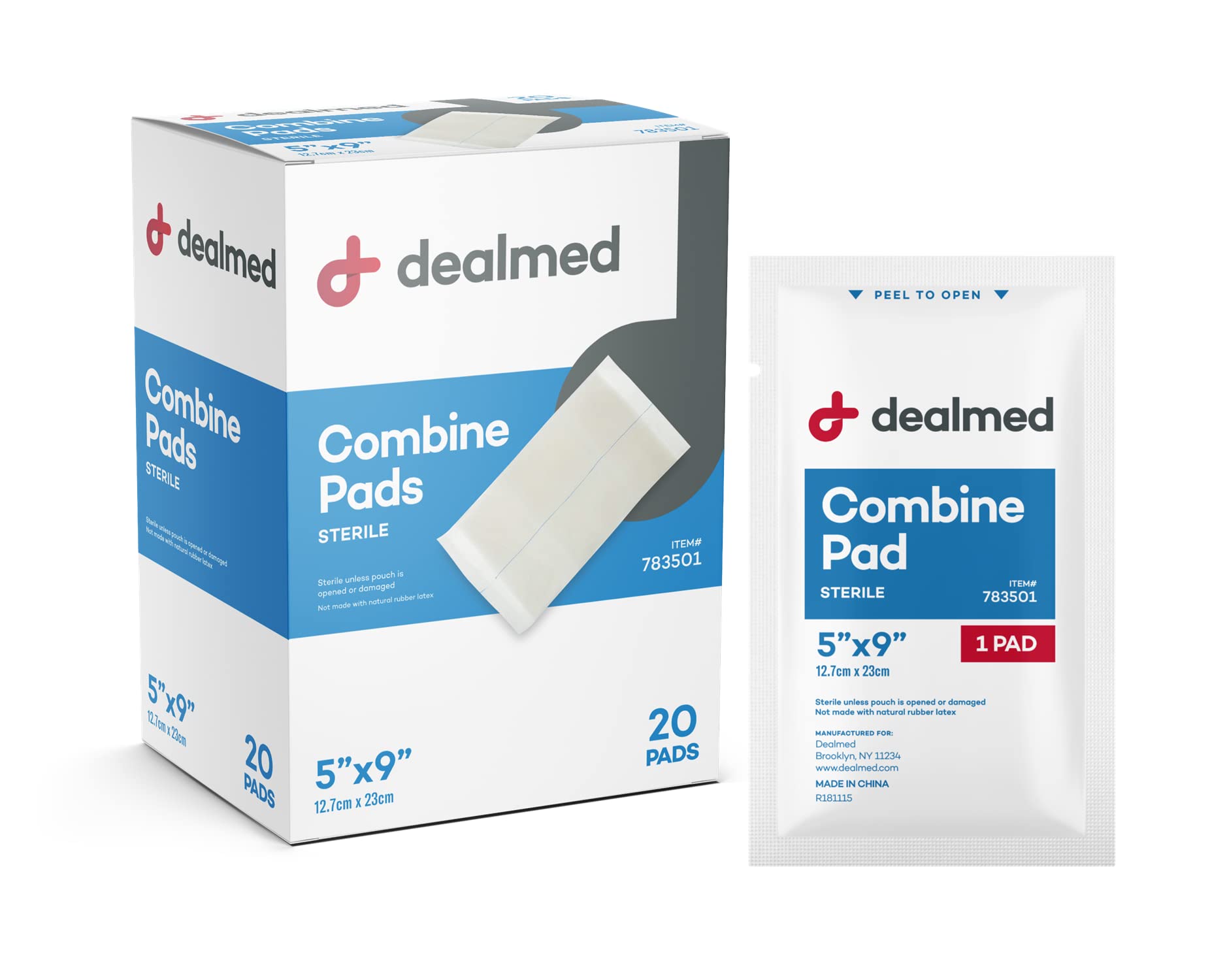 Dealmed 5" x 9" Abdominal (ABD) Combine Pads, Sterile, Individually Wrapped, Disposable, Latex-Free Wound Dressing for First Aid Kit and Medical Facilities, 20/Box (Pack of 1)