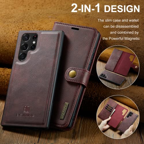 MEOORHE 2 in 1 Magnetic Split Flip Wallet Leather Stand Phone Case for Samsung Galaxy Note 20 10 9 8 Ultra Pro Plus Lite Shell, Practical Card Holder Shockproof Business Back Cover(Red,Note 10 Pro)