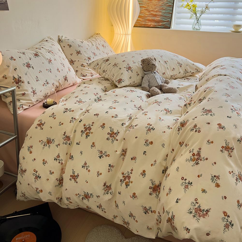 HOLY HOME Floral Bedding Set, Duvet Cover Set, 4 Pieces Spring Rose Flower Bedclothes with Pillowcases, Zipper Closure/Corner Ties (Rose Island, Queen)