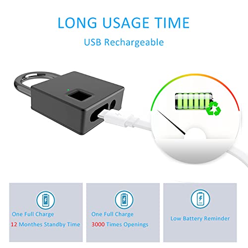 Fingerprint Padlock - with 2 Keys Backup - IP66 Waterproof Suitable for Outdoor - Heavy Duty Security Smart Lock with USB (Black)