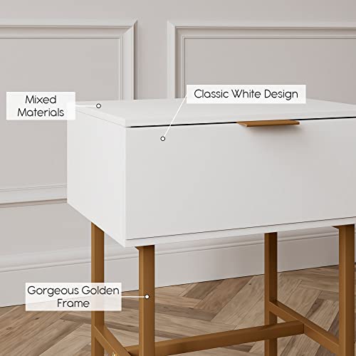 Masupu Nightstand,Mid-Century Modern Bedside Table with Drawer,Small End Table with Gold Frame for Bedroom,Living Room,Classic White