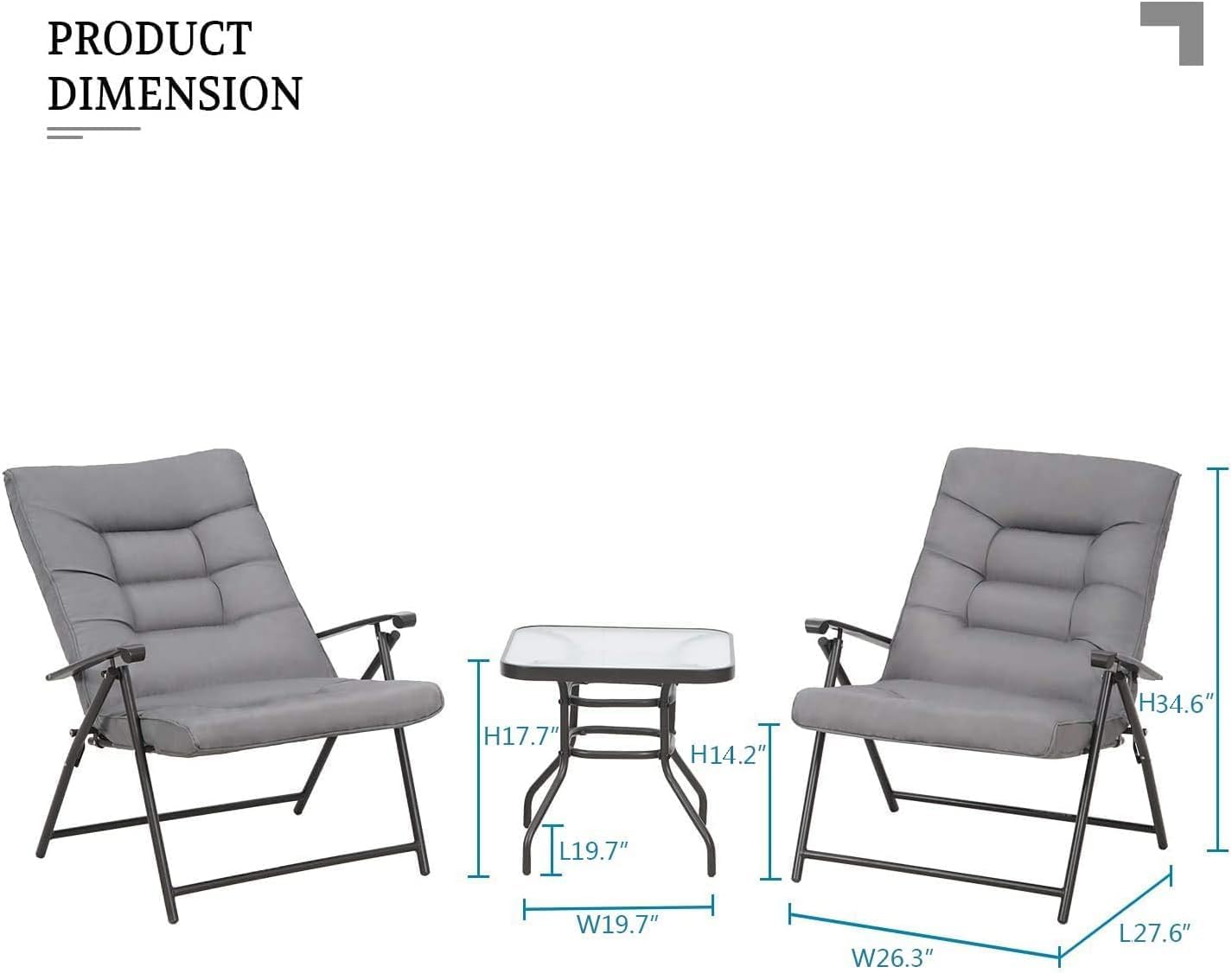 Patiomore 3 Pcs Patio Folding Bistro Set, Outdoor Metal Adjustable Recliner Furniture Set, 2 Foldable Padded Chairs and Coffee Bistro Table Set for Balcony, Backyard, Porch, Grey