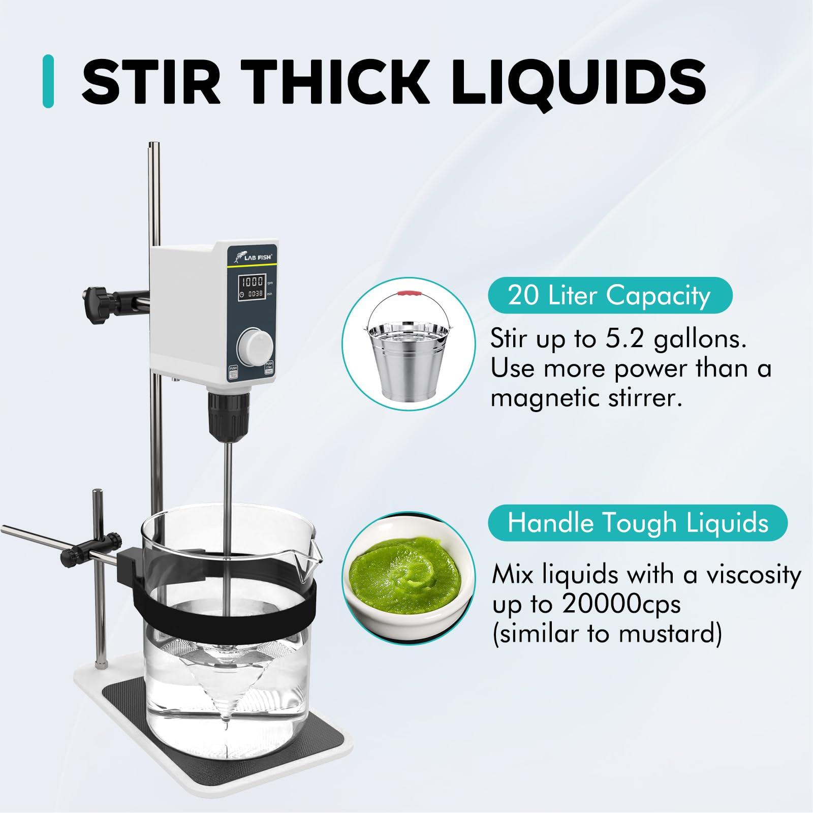 LAB FISH Overhead Stirrer Lab Stirrer | Stirring Rod and Stainless Steel Stand | Mixer Adjustable Speed 100-1500RPM Capacity 20L 20000 mPas Timing 1min-24h AC 100-240V 50W