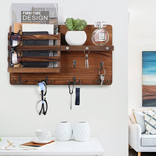 WeBravery Decorative Key Hanging Rack with 10 Hooks β Easy Install Natural Wooden Key and Mail Holder for Wall Mount β Entryway Decor Rack with Shelf (Brown)