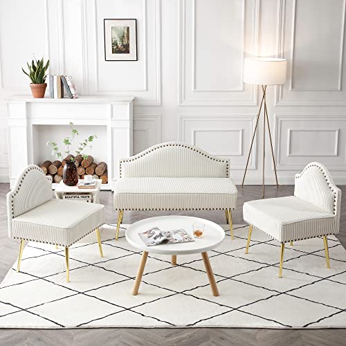 Krinana Modern Velvet Armless Loveseat Sofa,Upholstered Pleated Settee with Golden Legs,Comfy 2 Seater Sofa for Living Room Bedroom Office (Beige, Armless Loveseat)