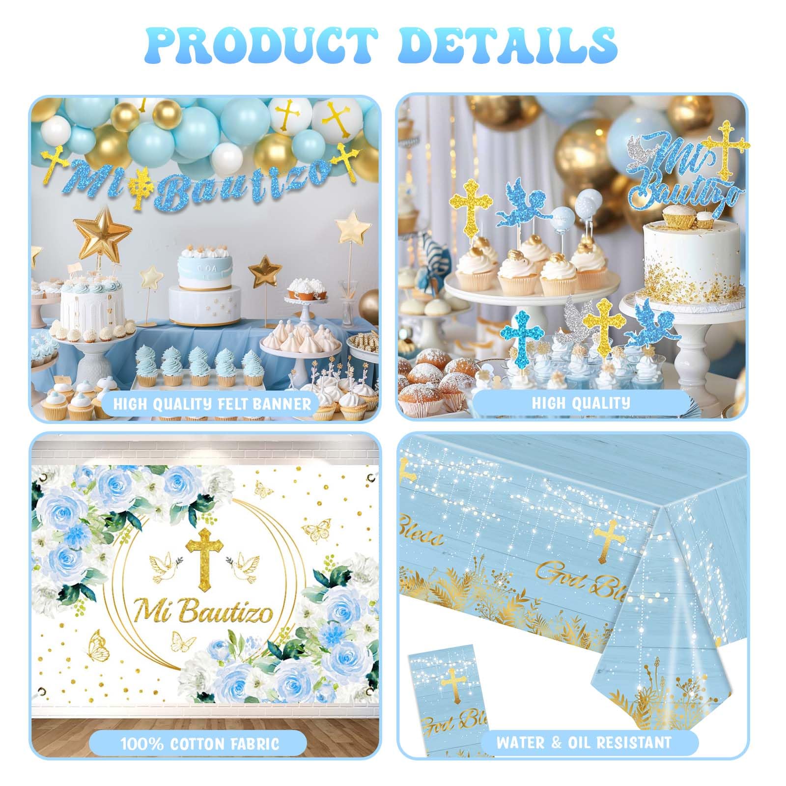 Hombae Mi Bautizo Decorations for Boys, Bautizo Decorations, Blue Baptism Decorations, First Communion Christening Decorations for Baby Boy, Backdrop Tablecloth Balloon Banner Cake Cupcake Topper