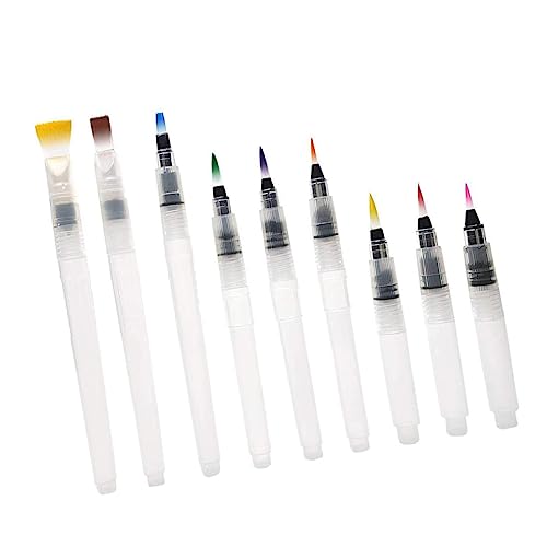 TEHAUX Water Brush Pen 9 Pcs White Ink Pen Set Water Brush Pen Water Soluble Colored Pencils Painting Pen Fountain Pen Flat Pen Colored Watercolor Brush Water Coloring Brush Pen