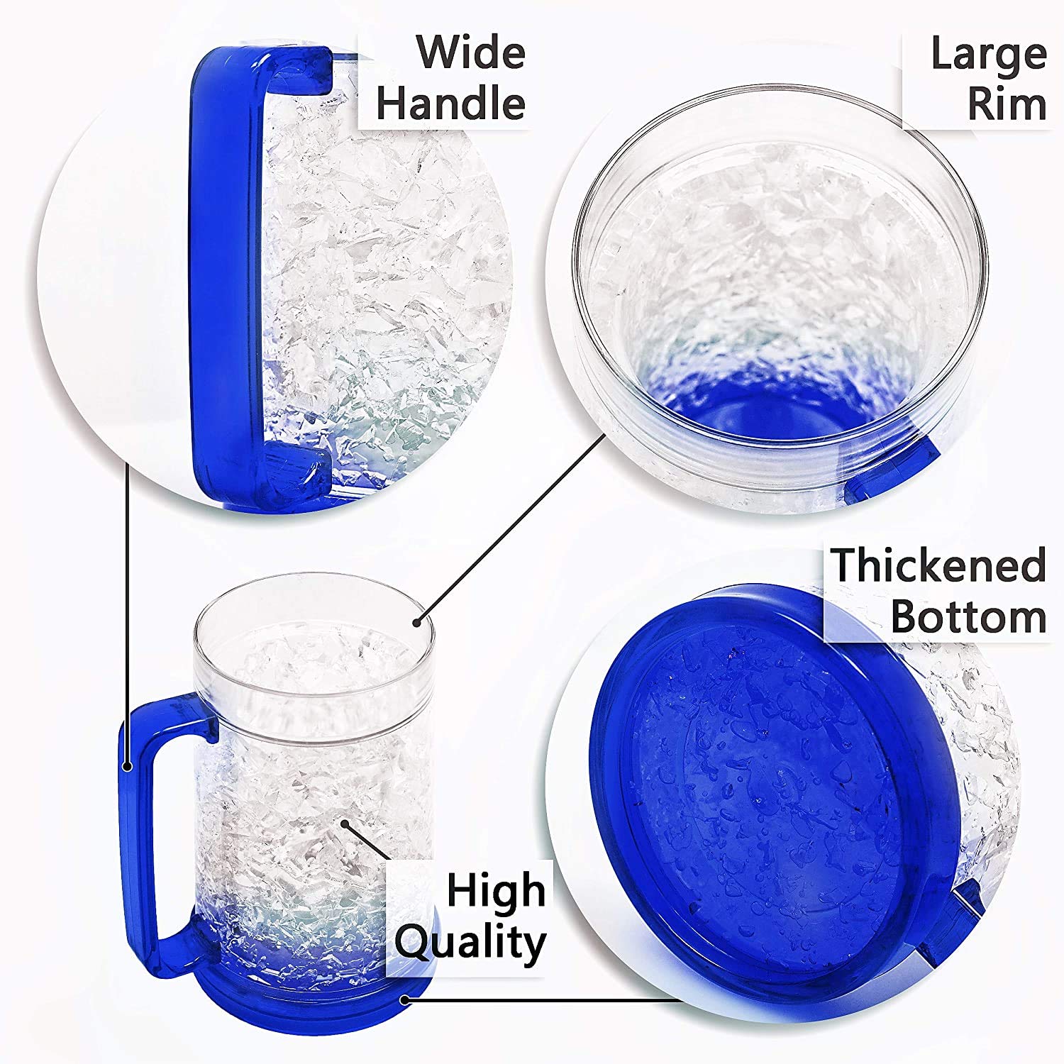 Drinking Glasses Cups, Double Wall Gel Freezer Beer Mugs, Freezer Ice Mugs Cups, 16oz, Plastic Cooling Beer Mug Clear Set of 4 (Red, Green, Blue, Orange)