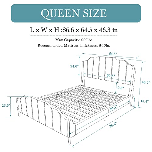 HOOMIC Queen Size Upholstered Platform Bed with Curved Velvet Wingback Headboard and Footboard,Solid Wood, No Box Spring Needed, Easy Assembly, Pink