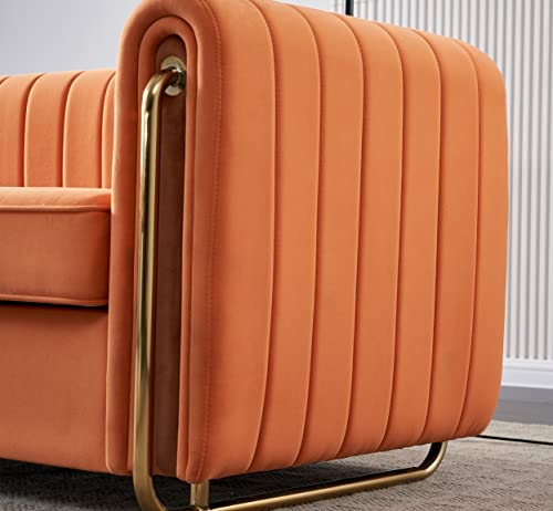 Melpomene Vertical Channel Tufted Velvet Sofa with Round Arm and Gold Metal Legs,Armrest 84.25" W(Orange)