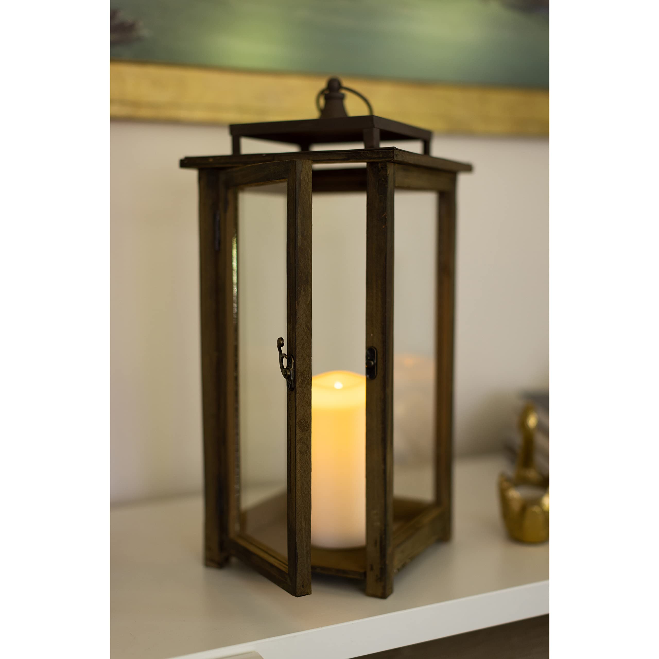 Stonebriar 18 Inch Rustic Wooden Candle Hurricane Lantern, For Table Top, Mantle, Wall Hanging, or Garden Display, Indoor & Outdoor Use, Extra Large