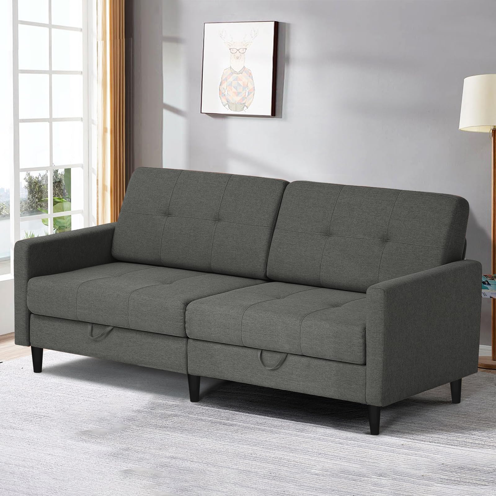 Lesofair 77" Linen Fabric Sofa Bed with Adjustable Backrests, Convertible Loveseat Sofa, Modern Sleeper Couch with Wooden Legs for Living Room, Bedroom, Dark Grey