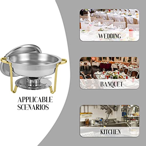 Restlrious Chafing Dish Buffet Set Stainless Steel Round Chafers and Buffet Warmers Sets 5QT 4 Pack, Complete Set for Buffet Catering w/Water Pan, Food Pan, Fuel Holder and Lid in Gold Accent