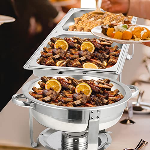 Restlrious Chafing Dish Buffet Set 6 Pks, Stainless Steel 5QT Round & 8QT Rectangle Foldable Chafers & Buffet Warmers Set, w/Full & Half Size Food Pan, Water Pan, Fuel Holder & Lid for Catering Event