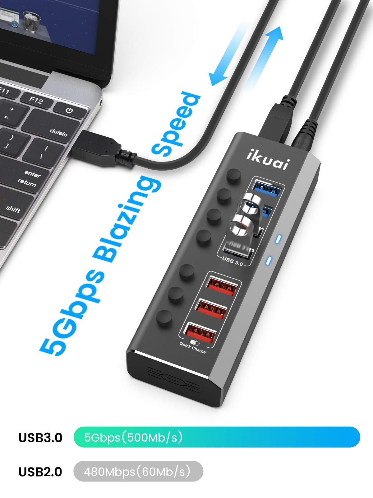 ikuai SATA to USB 3.0 Dual Bay Hard Drive Dock + 7 Ports USB Hub Aluminum with 4 USB Data Ports & 3 Fast Charging Port(12V/3A Power Adapter)