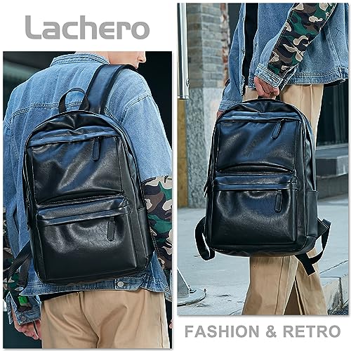 Men's 15 inch Laptop Backpack PU Leather Business Bookbag Large Capacity Casual Daypack for Work Commuting (Black)