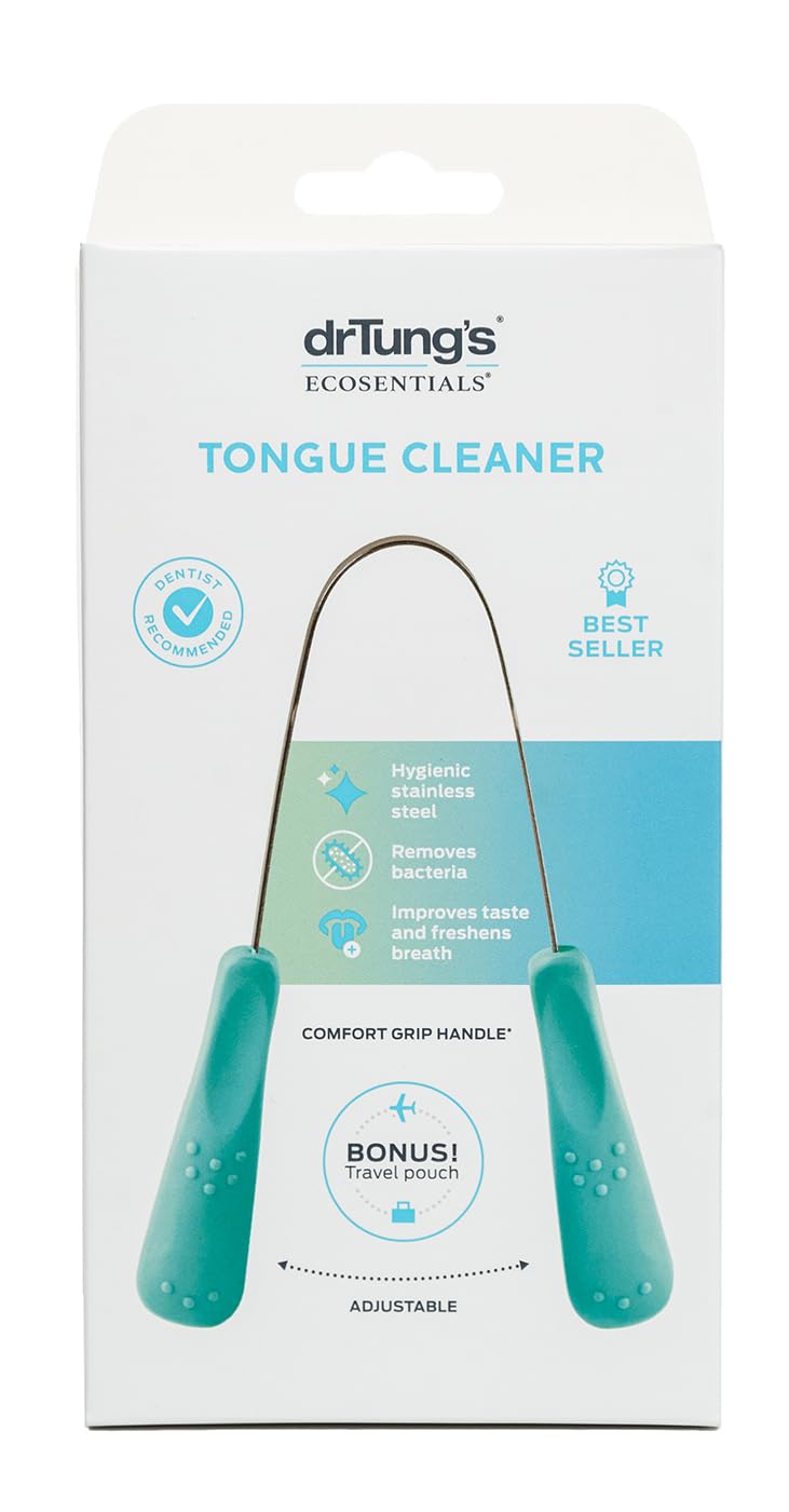 DrTungās Stainless Tongue Scraper - Tongue Cleaner for Adults, Kids, Helps Freshens Breath, Easy to Use Comfort Grip Handle, Comes with Travel Case - Stainless Steel Tongue Scrapers (1 Pack)