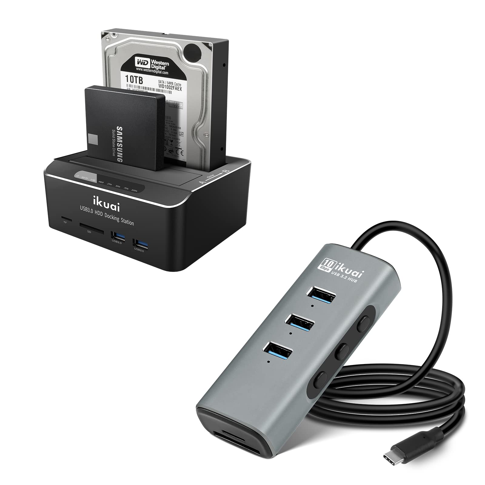 ikuai SATA to USB 3.0 Dual Bay Hard Drive Dock + 5 in 1 USB C Hub with 3 USB 3.1/3.2 Gen 2 Port, SD/TF Card Reader