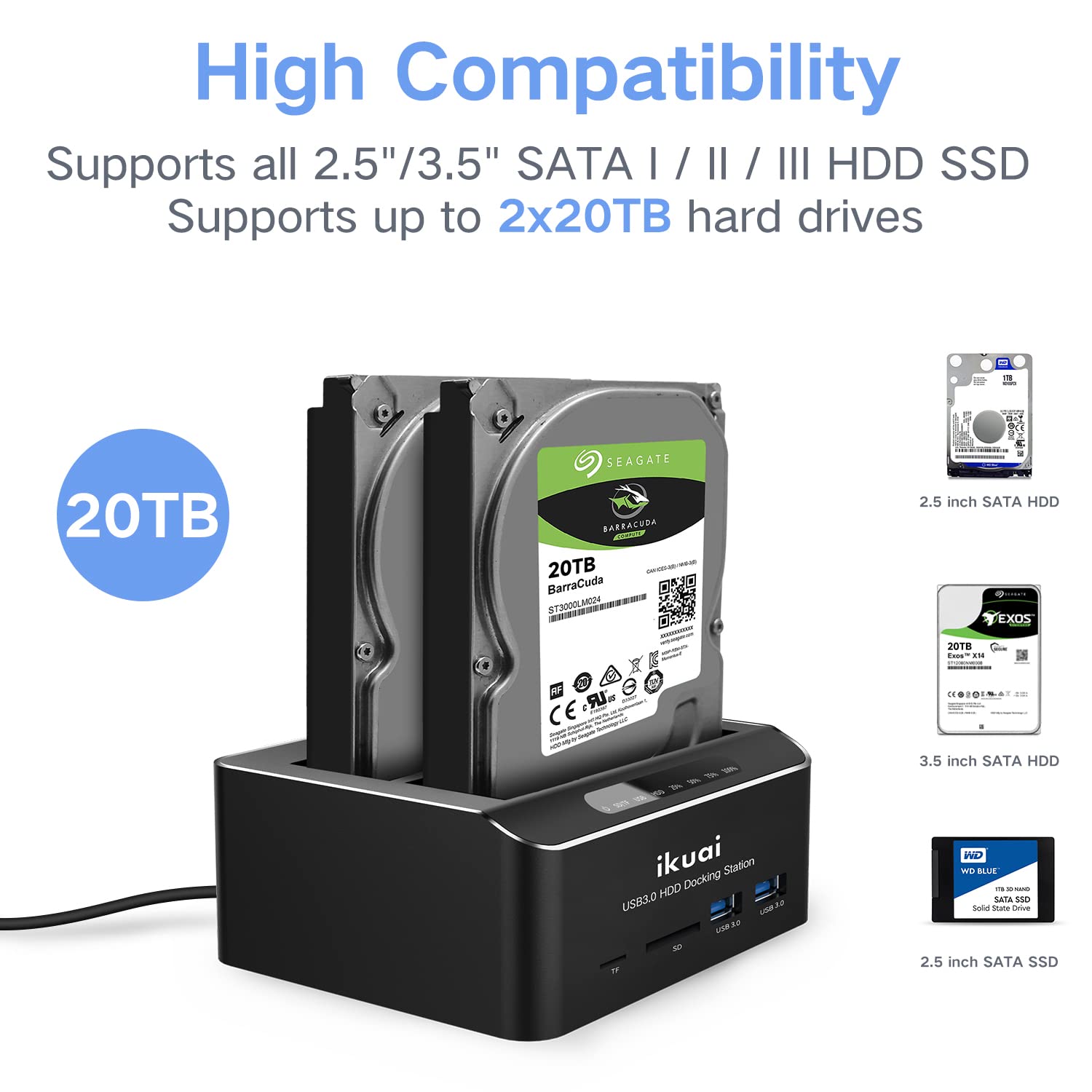 ikuai SATA to USB 3.0 Multi-Function Dual Bay Hard Drive Dock + 7-Port USB 3.0 Powered USB C Aluminum Hub with USB-C to USB-A Adapter and 12V/2A Power Adapter