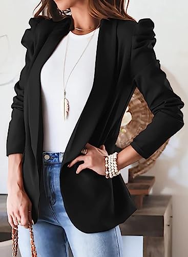 KIRUNDO Women's 2023 Fall Casual Blazers Puff Sleeve Lapel Open Front Work Suit Office Blazer Jackets with Pockets (Black, Medium)