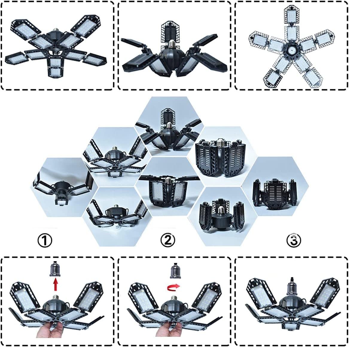 MUCLUD 4Pack 200W LED Garage Lights,Deformable LED Garage Ceiling Lights 22000LM E26/E27 Garage Lighting with 10+1 Adjustable Panels 6500K Daylight Garage Lights for Garage Basement Warehouse