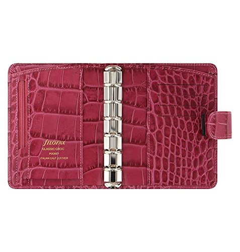 Filofax Pocket Size Classic Croc Print Leather Organizer Agenda Weekly Daily Planner 2023-2024 Calendar Bundle with DiLoro Ballpoint Pen Fuchsia 026078