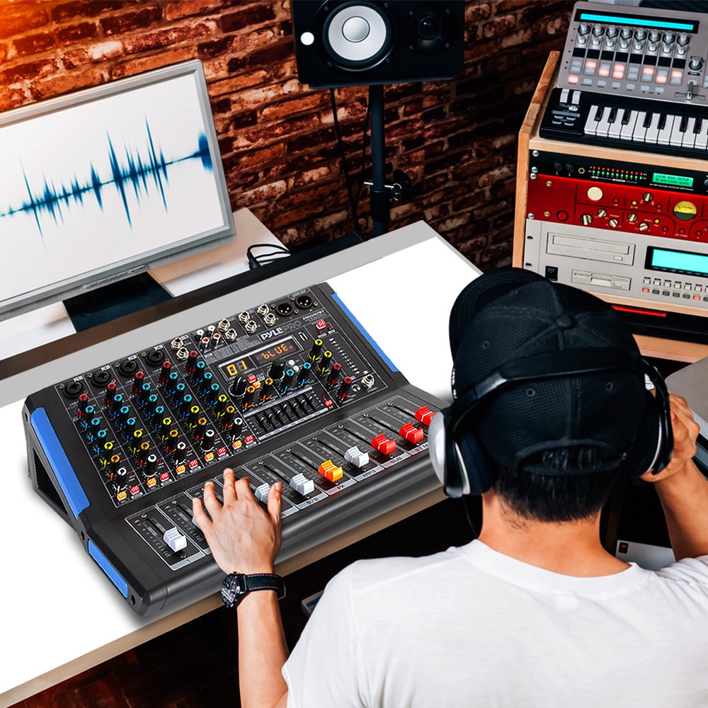 Pyle 6-Channel Bluetooth Studio Audio Mixer - DJ Sound Controller Interface with USB Drive for PC Recording Input, XLR Microphone Jack, 48V Power, I/O for Professional and Beginners - PMXU67BT