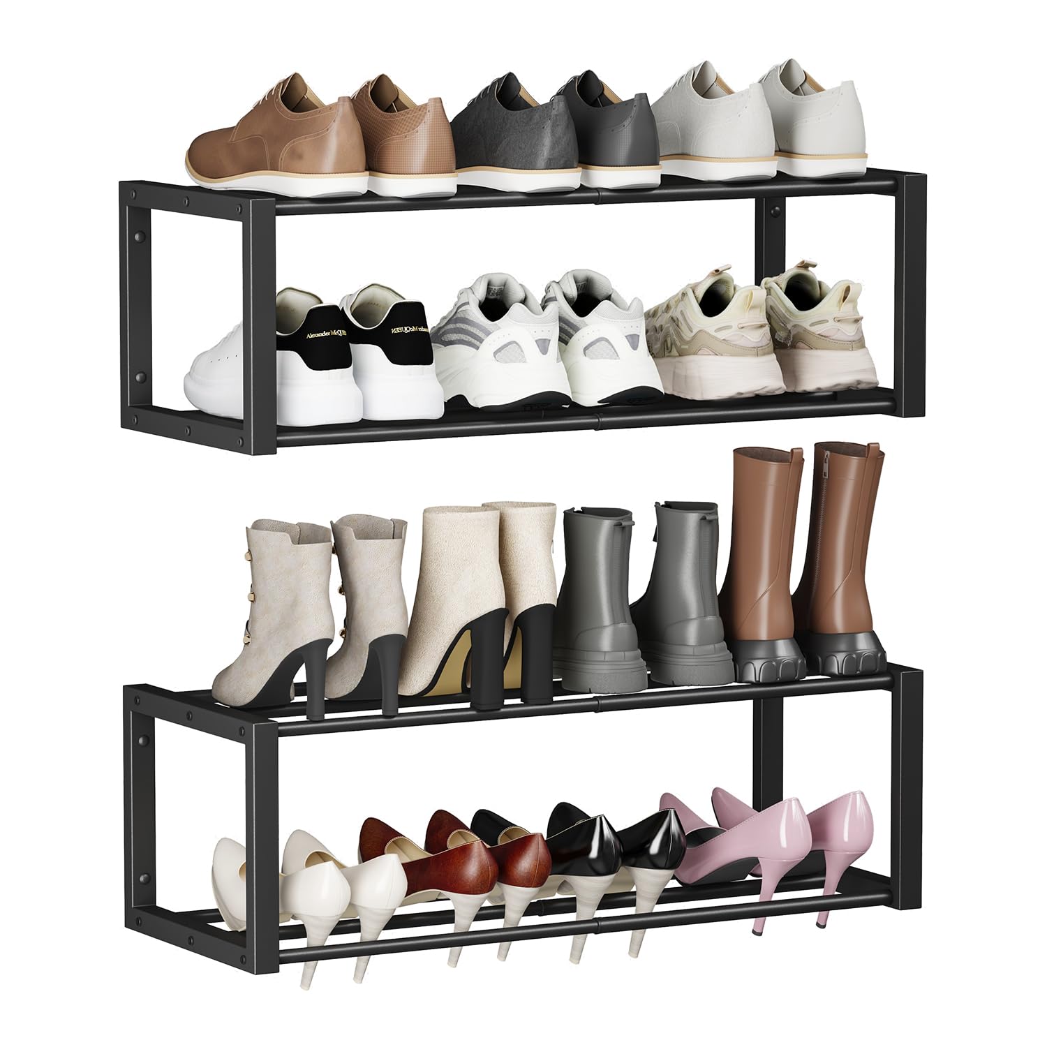 Homeiju Hanging Shoe Organizer,2 Pack Wall Mounted Shoe Rack Holds 12 Pairs,Space Saving Metal Wall Shoe Rack,Hanging Shoe Rack Shoe Holder for Small Space,Entryway,Closet,RV,Camper(Black