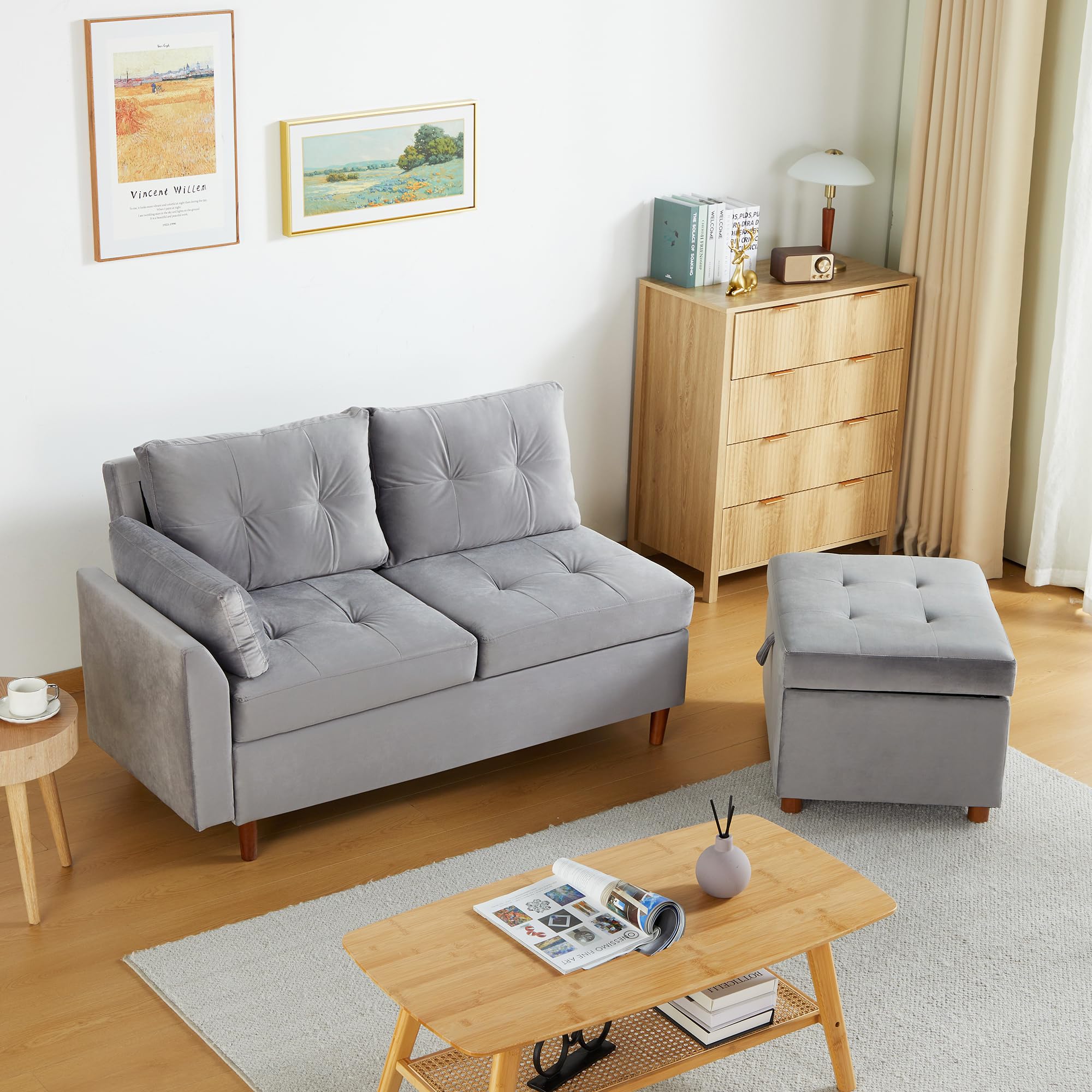 LEVNARY Sectional Sofa Chaise, L-Shaped Loveseat Couch with Storage Ottoman, Velvet Comfy Upholstered Sleeper Sofa Chaise Lounge for Living Room, Office, Apartment, Home (Gray)