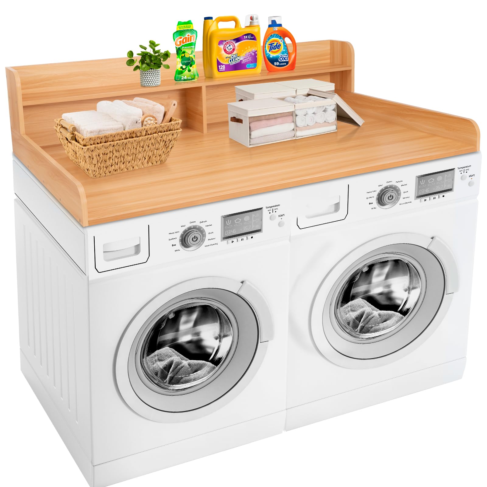 Homeny Laundry Machine Countertop, Washer Dryer Topper Table Solid Wood, Laundry Washing Machine Countertop with 2-Tier Shelf for Storage Laundry Room Organization