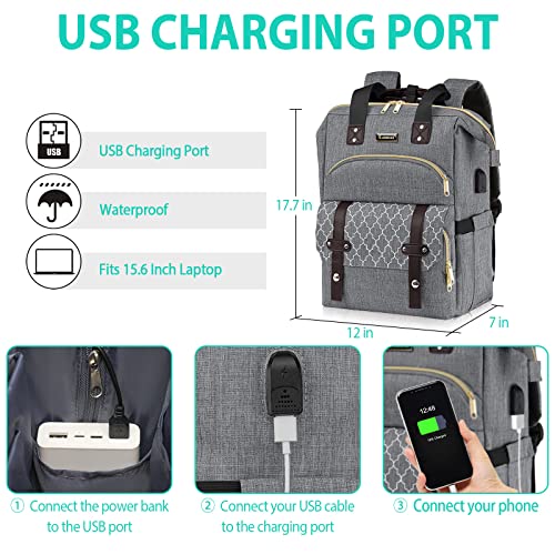 Kuosdaz Travel Backpack for Women Men, Large Wide Open Womens Backpack for Work, Water Resistant Collage Backpack with USB Port, 17.3 Inch School Bookbag Computer Bag for Doctor Teacher Nurse, Grey