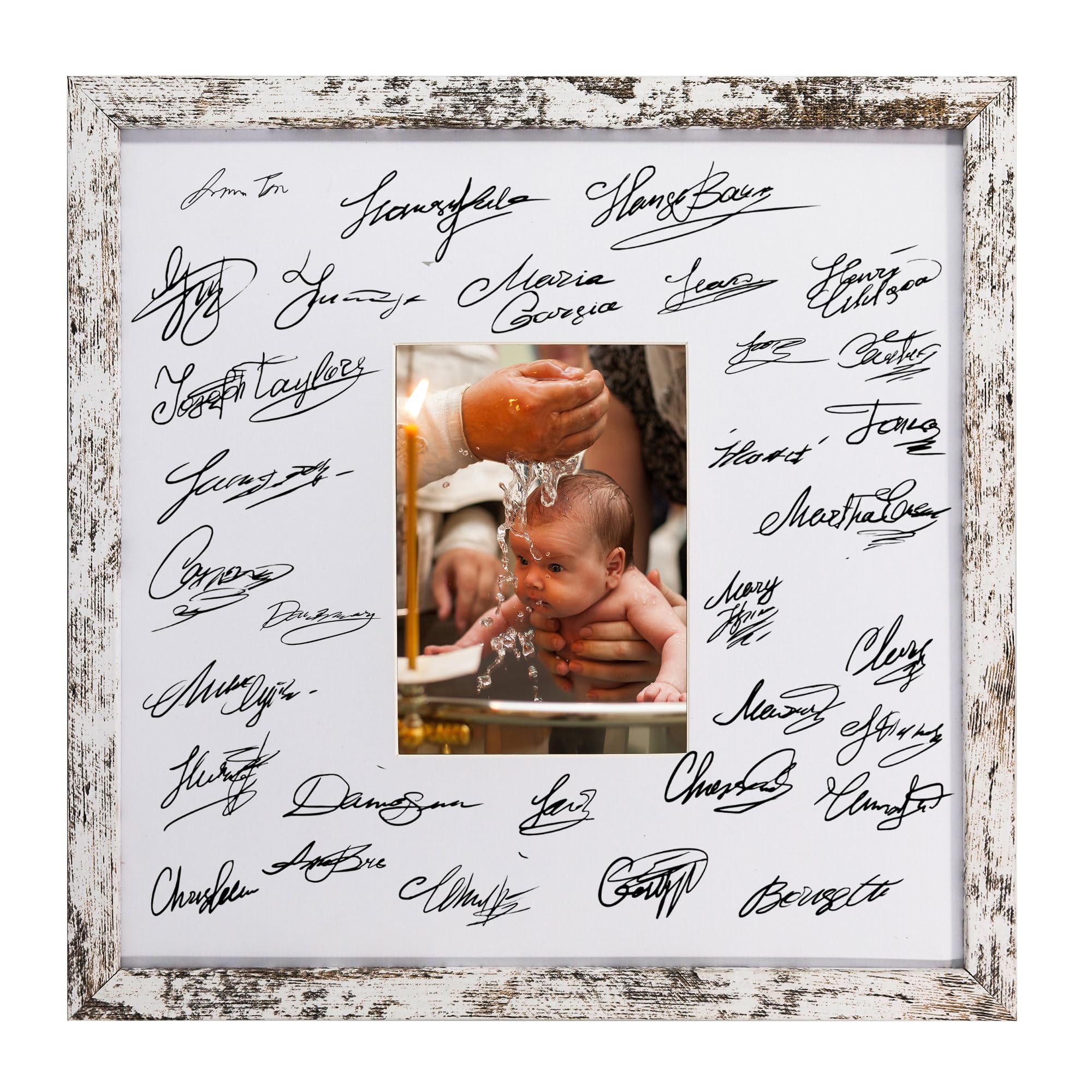 GraduatePro 14x14 Signature Picture Frame Board for 5x7 Photo with Signable Mat for Birthday Baptism Party Graduation Wedding Guest Book Rustic White