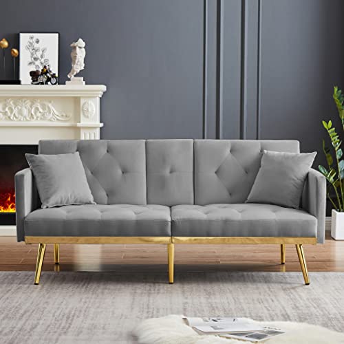 HoRunzelin Soft Velvet Sleeper Sofa Bed with Cup Holder and 2 Pillows for Living Room,Luxury Loveseat Couch Can Put Down The Back,Grey