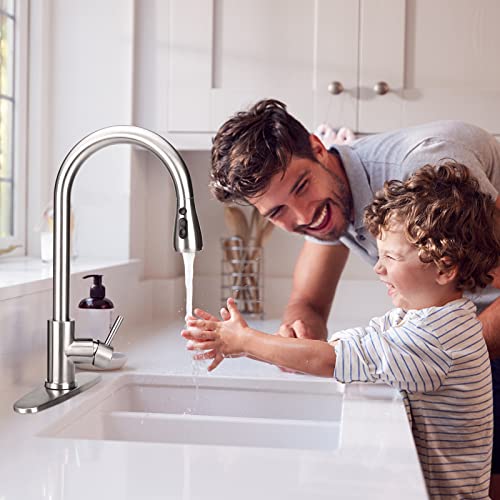 Kitchen Faucet with Pull Down Sprayer and Deck Plate Modern Single Handle 360°Swivel High Arc Brushed Nickel Sink Faucet Stainless Steel Kitchen Sink Tap, 3-Modes Spray