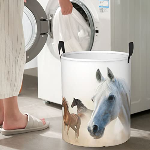 White Horse Running Horses Large Laundry Hamper With Handle Foldable Durable Laundry Basket Organizer Storage Bin Dirty Clothes Bag Hamper For Bedroom Nursery Bathroom