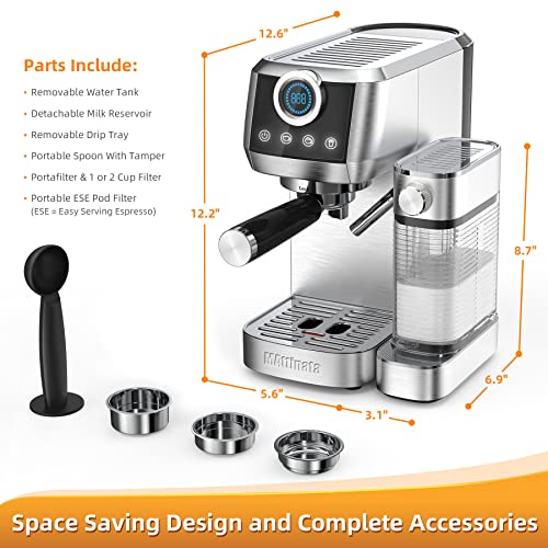 MAttinata Cappuccino, Latte and Espresso Machine, 20 Bar Touch Panel Cappuccino Espresso Maker Stainless Steel with Automatic Milk Frothing System
