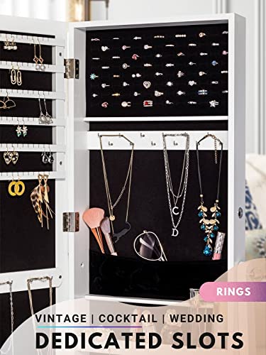 YOKUKINA Jewelry Cabinet Free Standing Large Storage Lockable Armoire, Full Length Dressing Mirror Organizer(White)