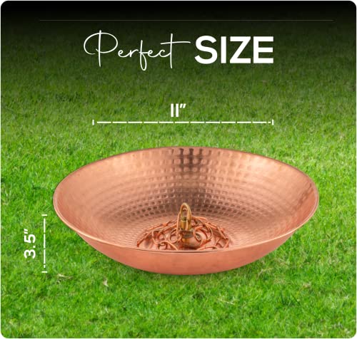 Marrgon Copper Anchoring Basin – Hammered Metal Bowl for Rain Chain Downspout Gutters – Beautiful Decorative Fountain Dish Display for Outdoor Garden, Lawn & Patio Water Feature – 11” Wide x 2” High