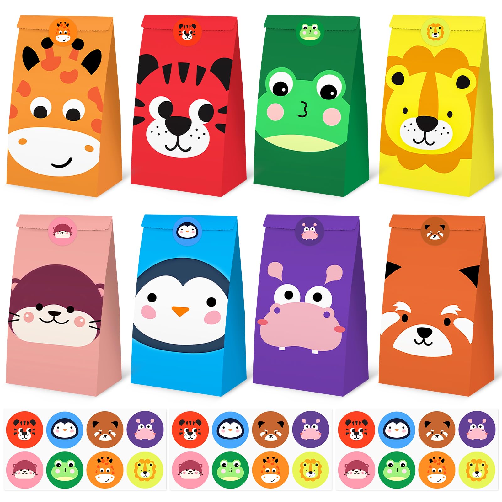JOHOUSE 24PCS Animal Party Favor Bags, Paper Gift Bags with Stickers Goodie Bags Candy Treat Bags for Kids Party Supplies Birthday