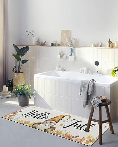 Thanksgiving Gnomes Bath Mat for Tub,Non Slip Bathroom Floor Runner Rug Quick Dry & Absorbent Diatomaceous Earth Shower Sink Kitchen Washable Doormat,Fall White Pumpkin Autumn Maple Leaves 18"x47"