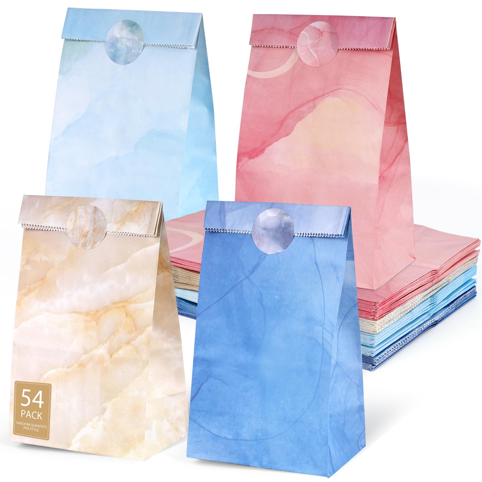 JOHOUSE 54PCS Paper Goodie Bags with Stickers, Colorful Marbleized Treat Bags Party Favor Bags Birthday Gift Bags Party Accessories for Kids Birthday Party
