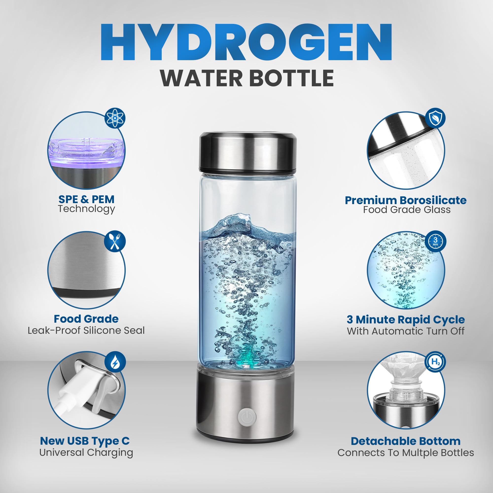 Hydrogen Water Bottle, Hydrogen Water Bottle Generator with SPE Technology Water Ionizer, Hydrogen Water Machine, Hydrogen Bottle, Hydrogenated water in 3 Min. for Home, Office, Exercise, Type C